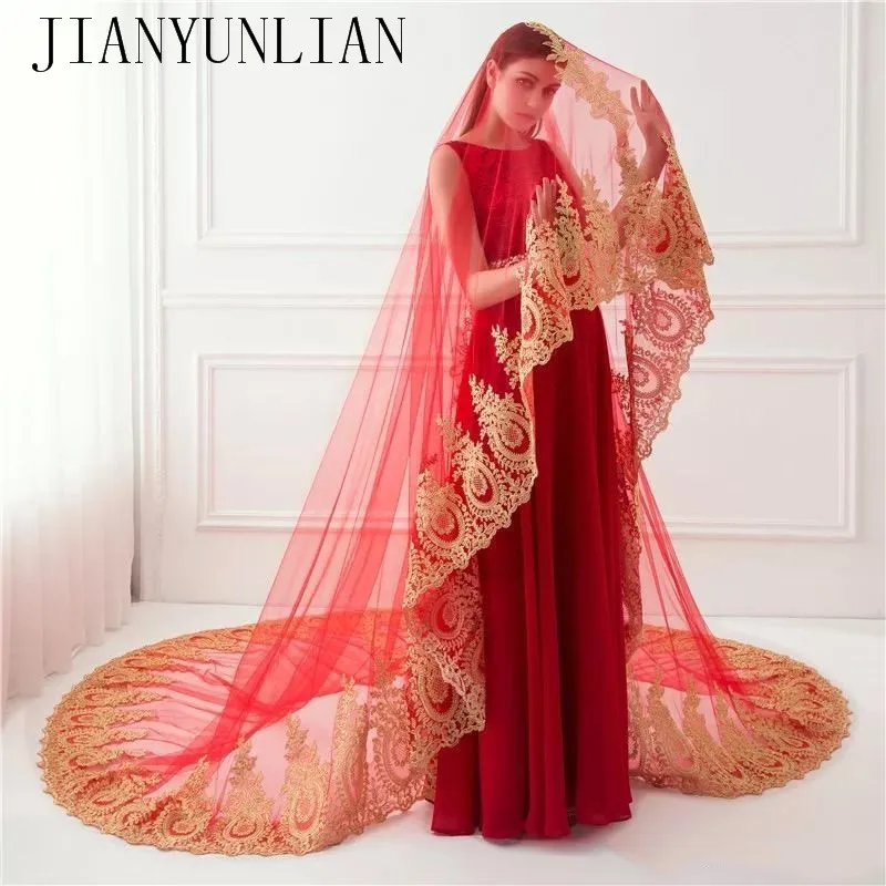 Wedding Veil Long Lace Gold Edge 350cm Length Red White Ivory Cathedral ...