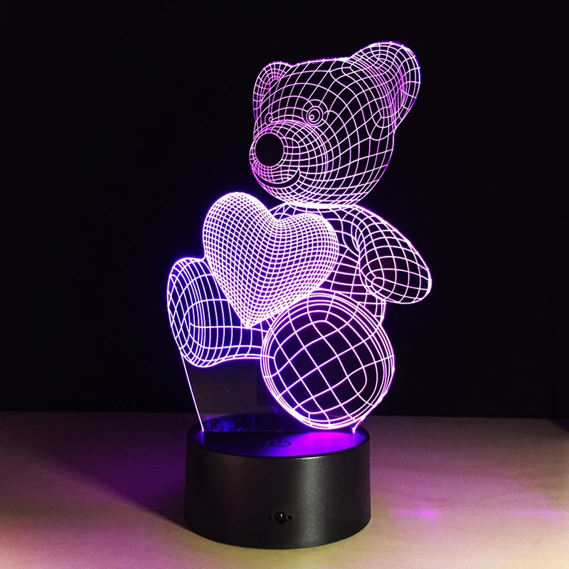 Cartoon Cute Heart Bear Hold Heart Shape Acrylic LED Lamp 3D Night ...