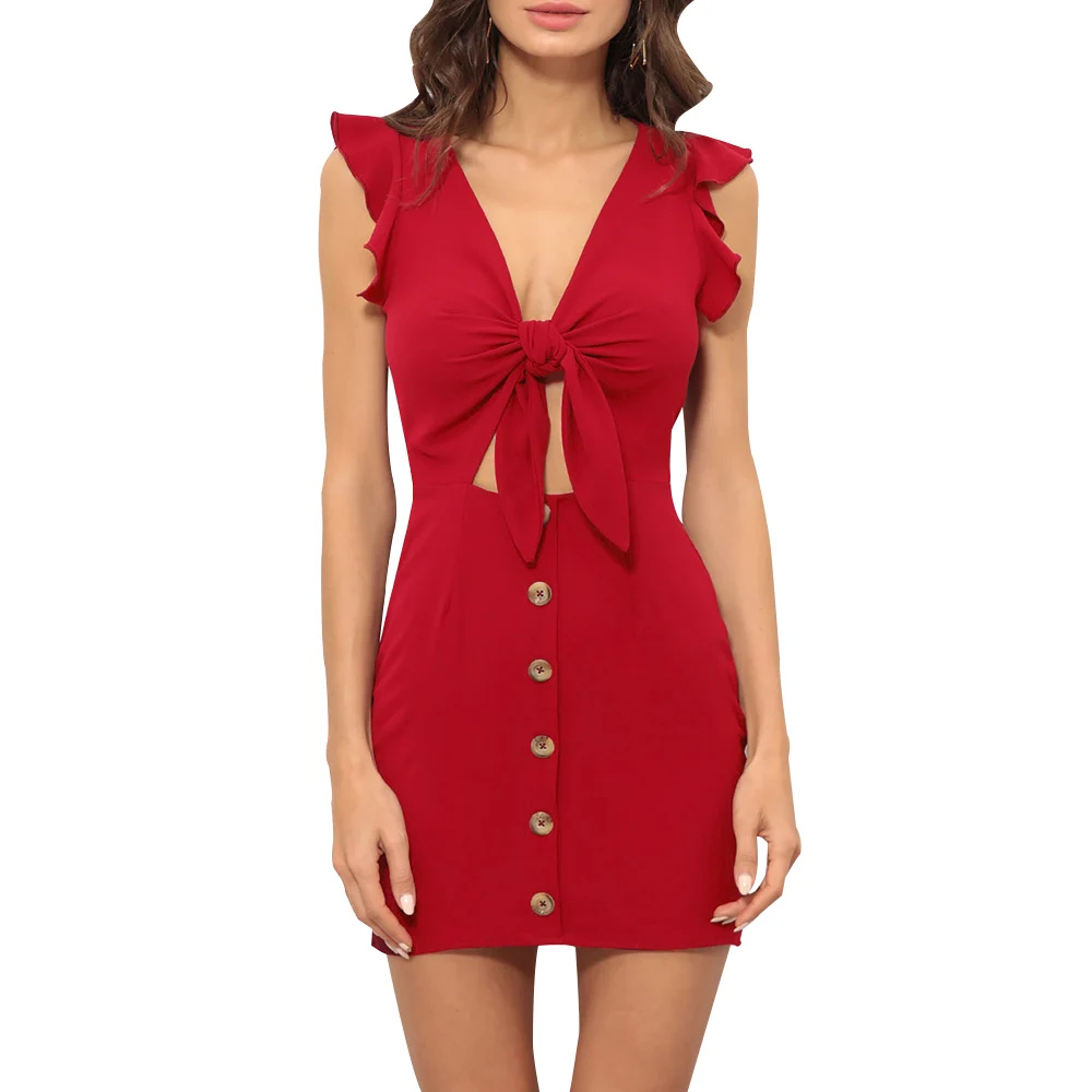 2018 New Arrivals Sexy Red Sleeveless V Neck Women Skinny Ruffle Mini ...