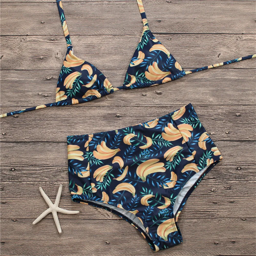 High Waist Bikini Set Banana Print Bikini Floral Print Padded Bikini