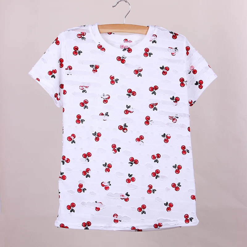 Mini Cherry print t shirt women short sleve o neck summer tees holes ...