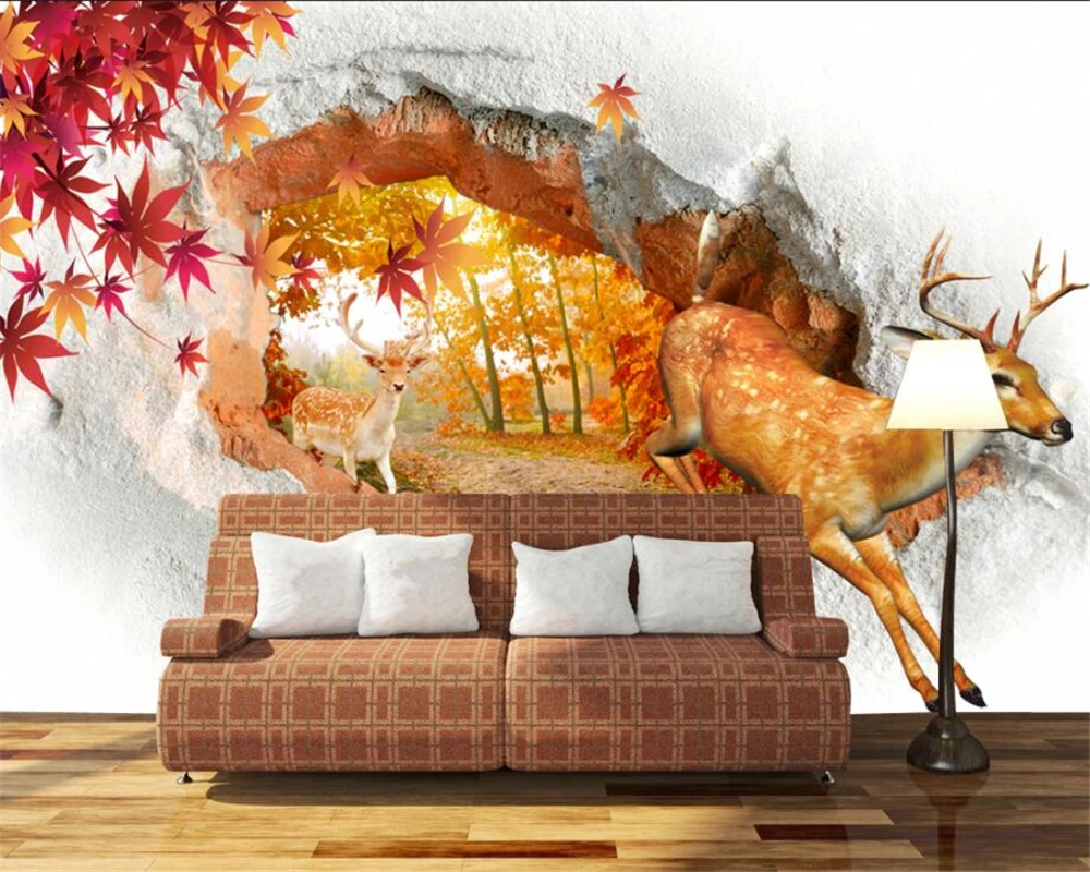 Beibehang Custom Wallpaper Home Decorative Fresco Maple Leaf Wall Deer