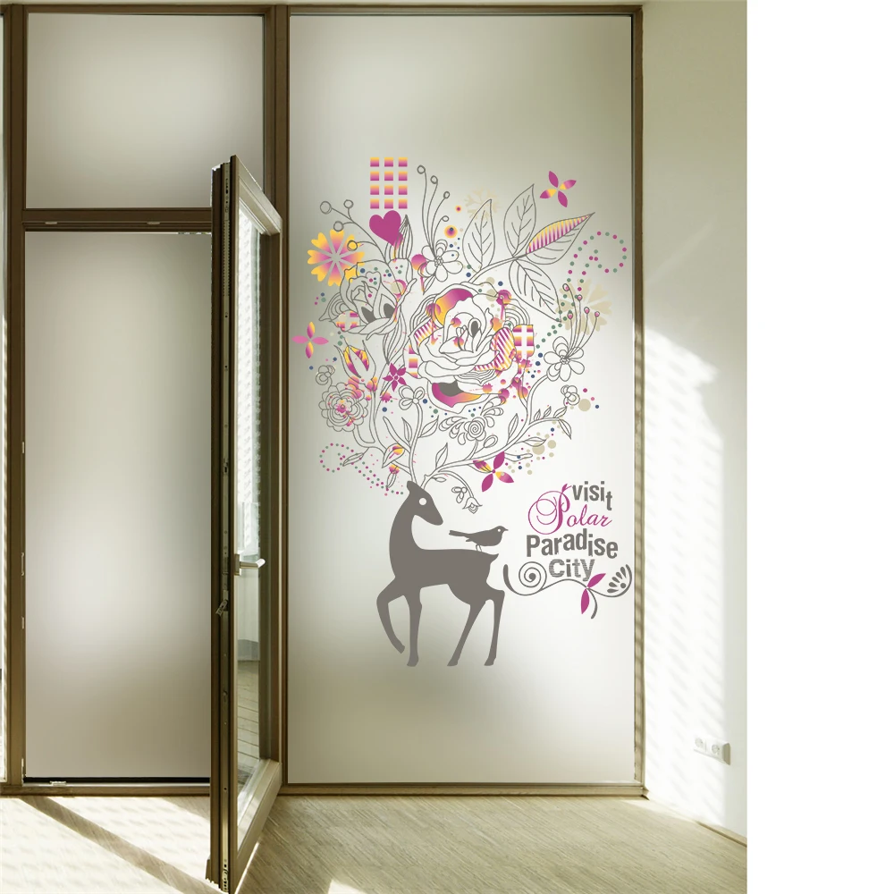 Deer flowers film window sliding glass door self adhesive film ...