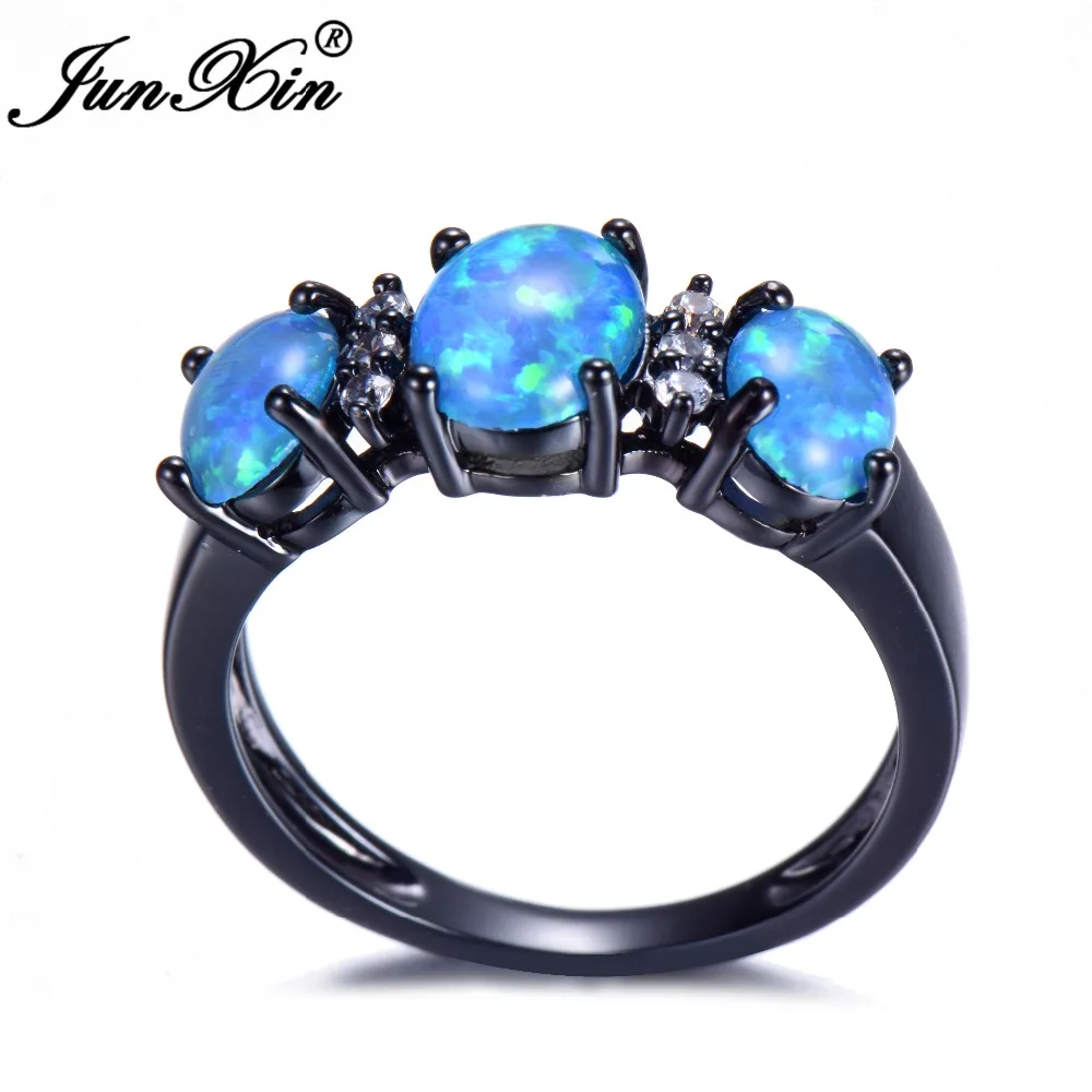 Junxin anel feminino de opala de fogo azul, oval na moda com preta ou ...