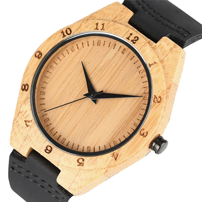 Simple Wooden Watch Men's Women's Black Genuine Leather Scale Dial ...
