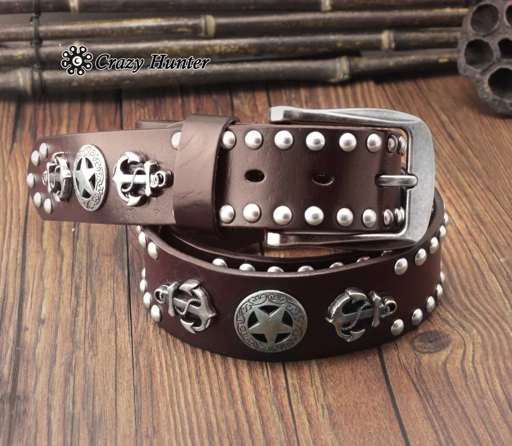 Calça jeans punk motoqueiro bordado rebite couro bovino|leather belt ...