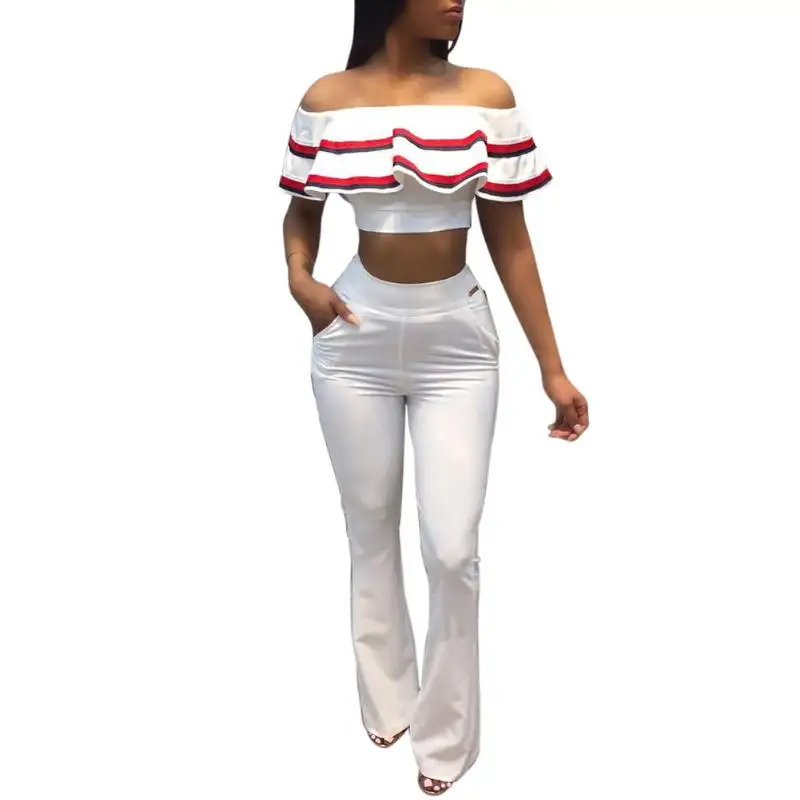 Summer Two Pieces Sets Suits Women Sexy Set Off Shoulder Crops With