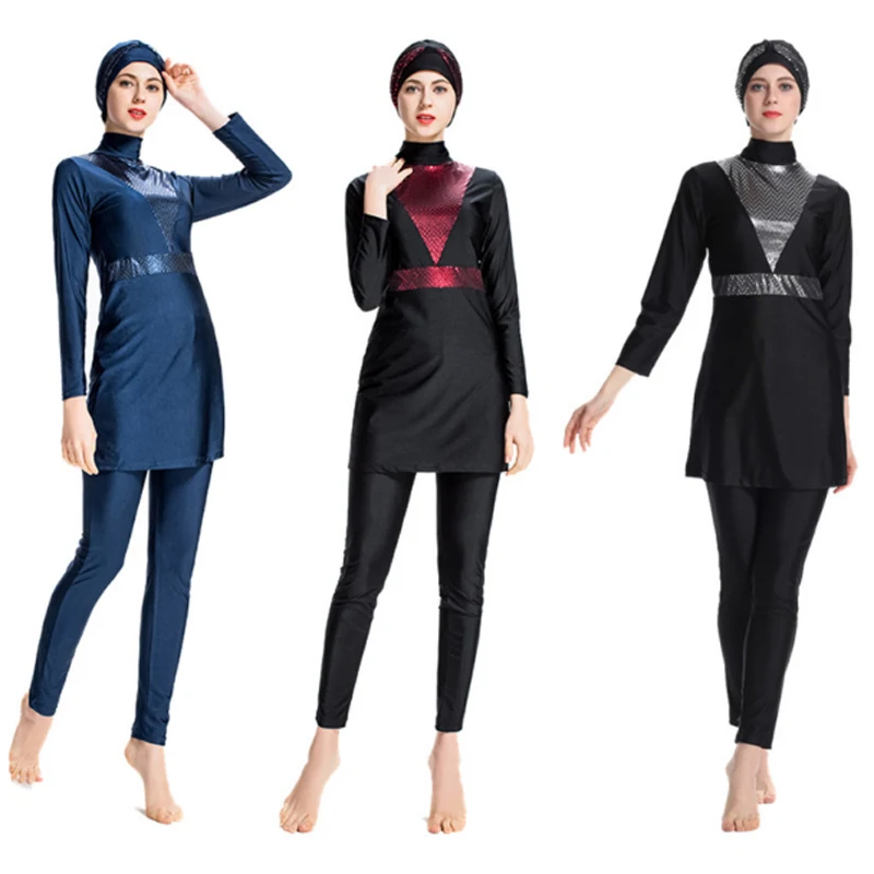 2019 Modest Muslim Swimwear Women Islam Three Piece Full Cover Solid Xl