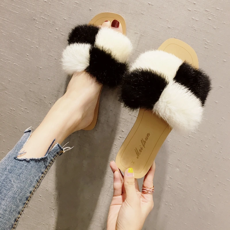 summer fur sandals women flat heel roman sandals cozy slip on shoes ...