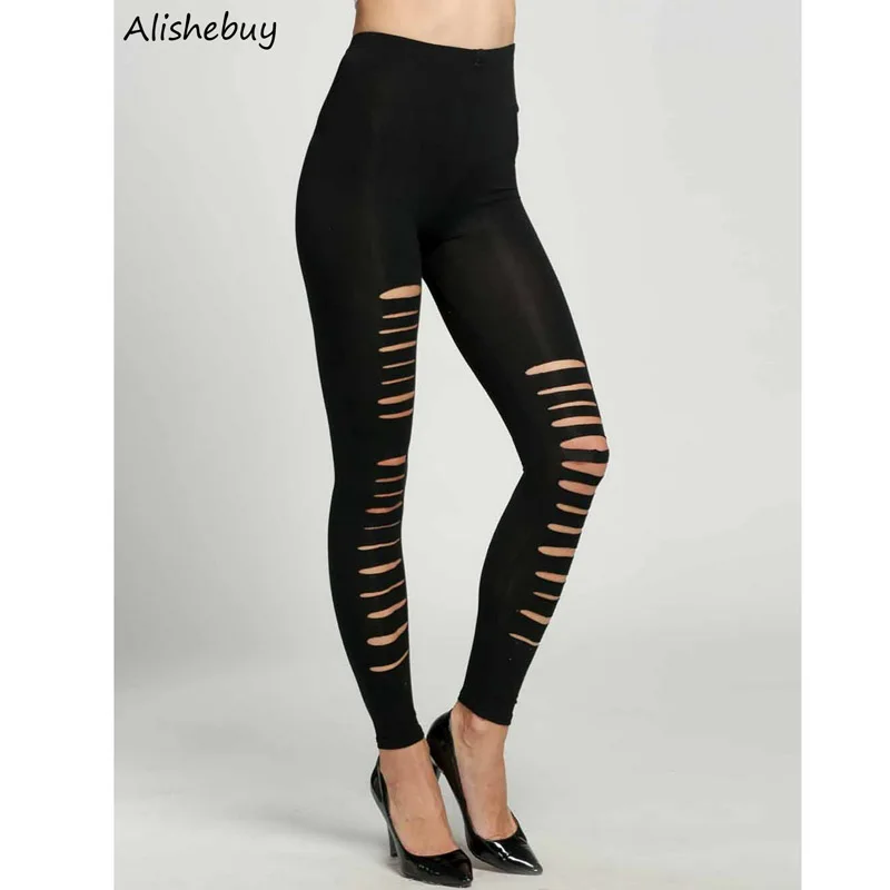 New Euro Irregular Sexy Women Legging Punk Ripped Torn Slashed Slim Fit