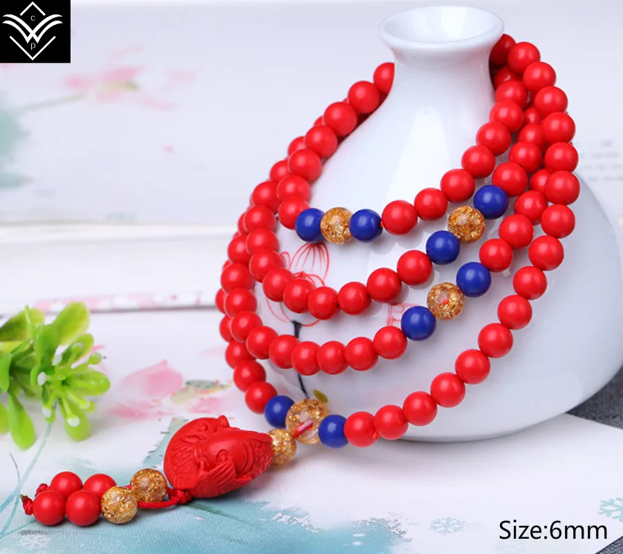 Fashion Natural Double Fish Red Zinnober 6mm Three laps Beaded Bracelet ...