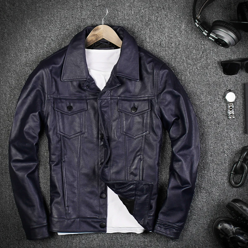 On Sale Mens Casual Smart Leather Jackets Short Slim Thin Navy Blue ...