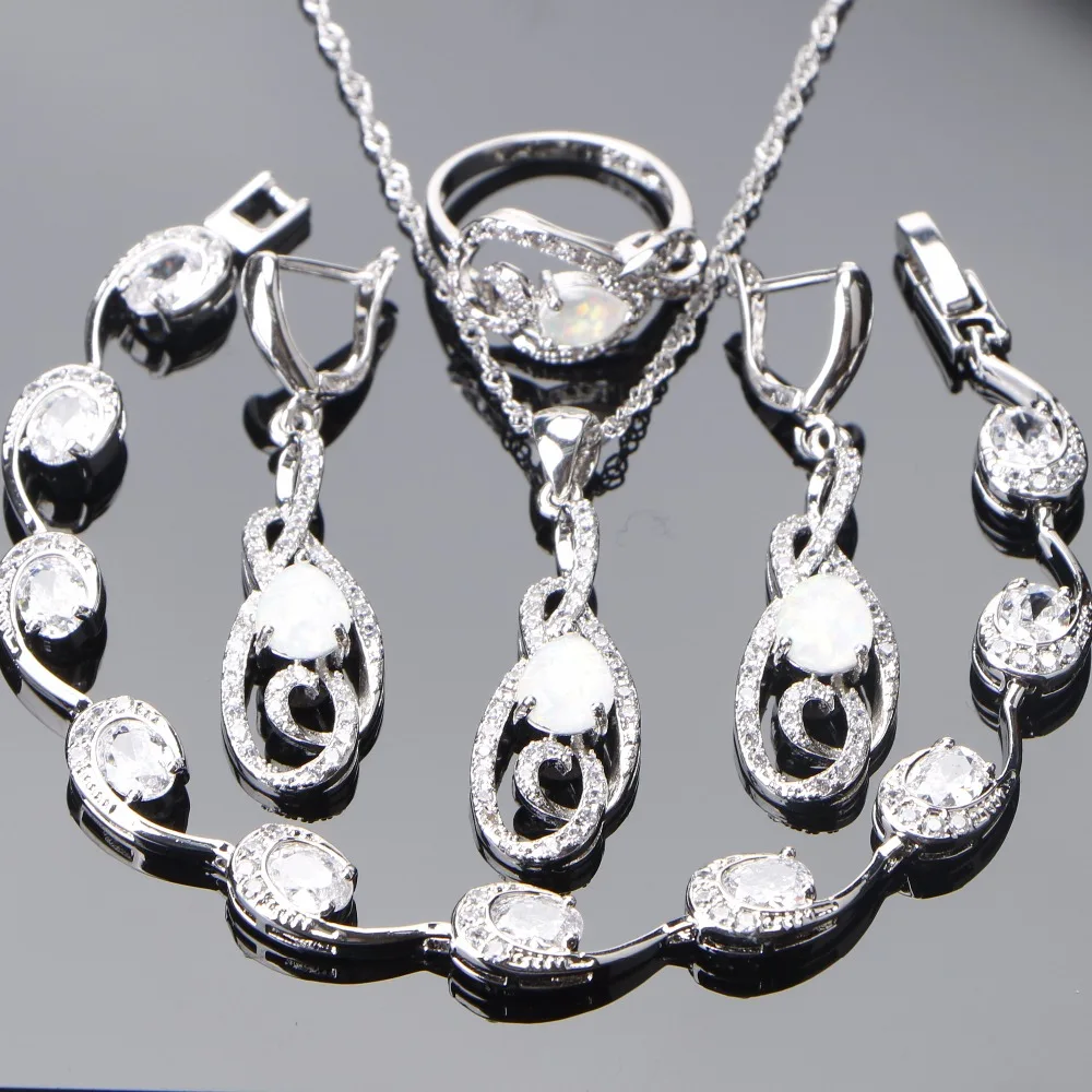 925 Sterling Silver Jewelry Sets Women Opal Wedding Earrings White CZ ...