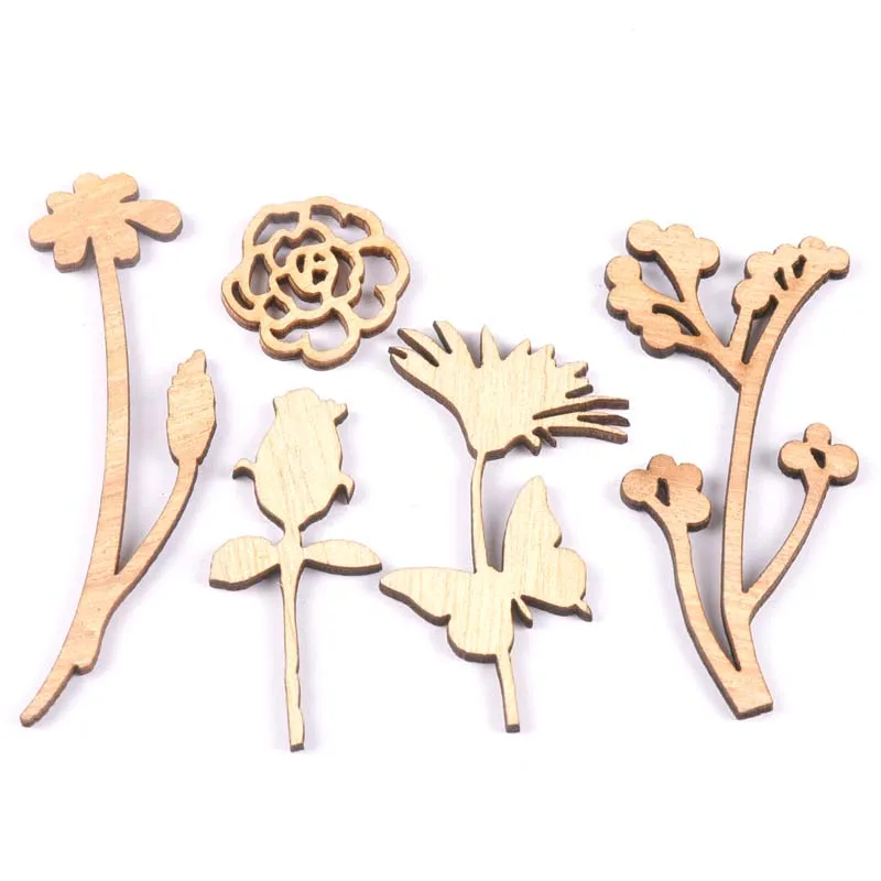 10Pcs Flowers And Plants Pattern Wooden Ornaments Wood Decoration Arts ...
