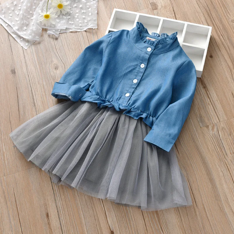 Girls Denim Dress For Children Fashion Spring Clothing Kids Baby Mesh ...