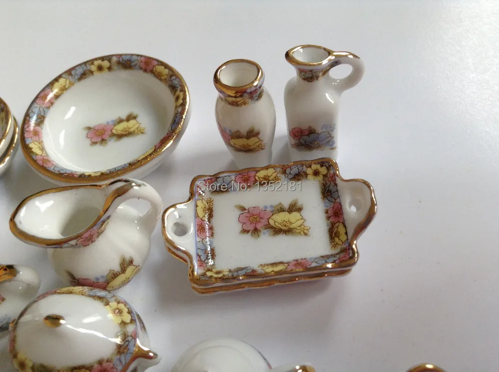 Dollhouse Miniature Gold & White Leaf Design Ceramic 14 Pc Dinner Set ...