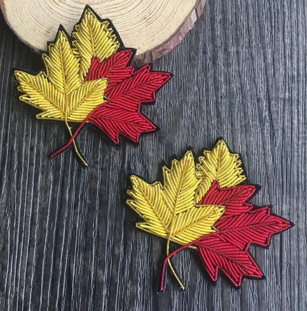 Maple Leaf Indian Silk Emboridered Patch Brooch Beaded Applique Patches ...