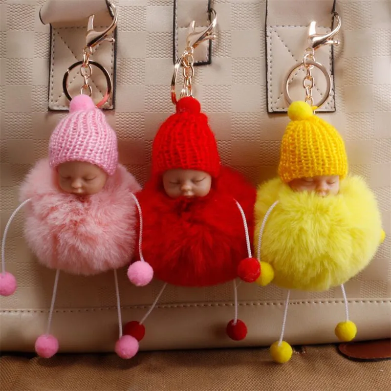 Bunny Fur Key Chain Pom Pom Key Rings Rabbit Fur Sleep Baby Toy Doll ...