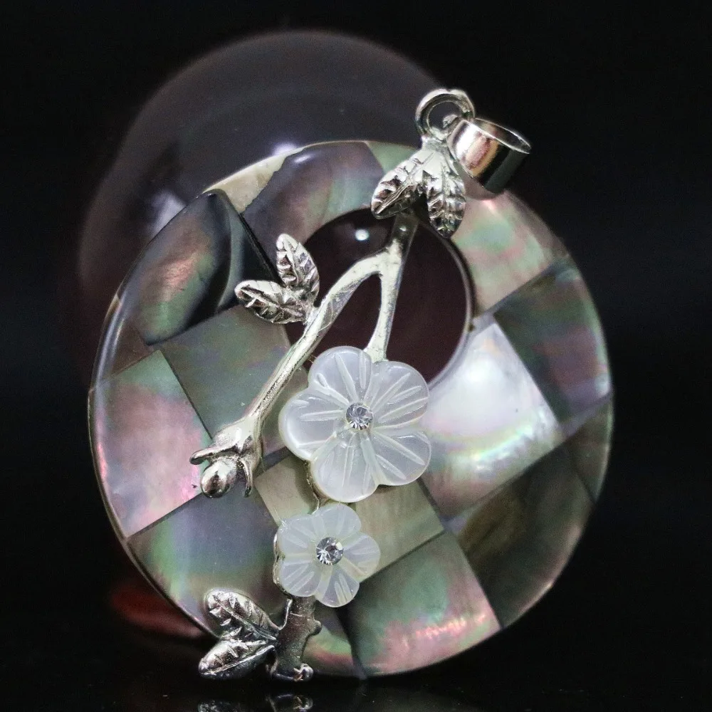 New natural black abalone shell 40mm pendant silver color carving white ...