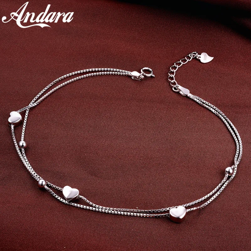 Buy Solid Silver 100 925 Sterling Silver Anklet Womens Double Love Anklets
