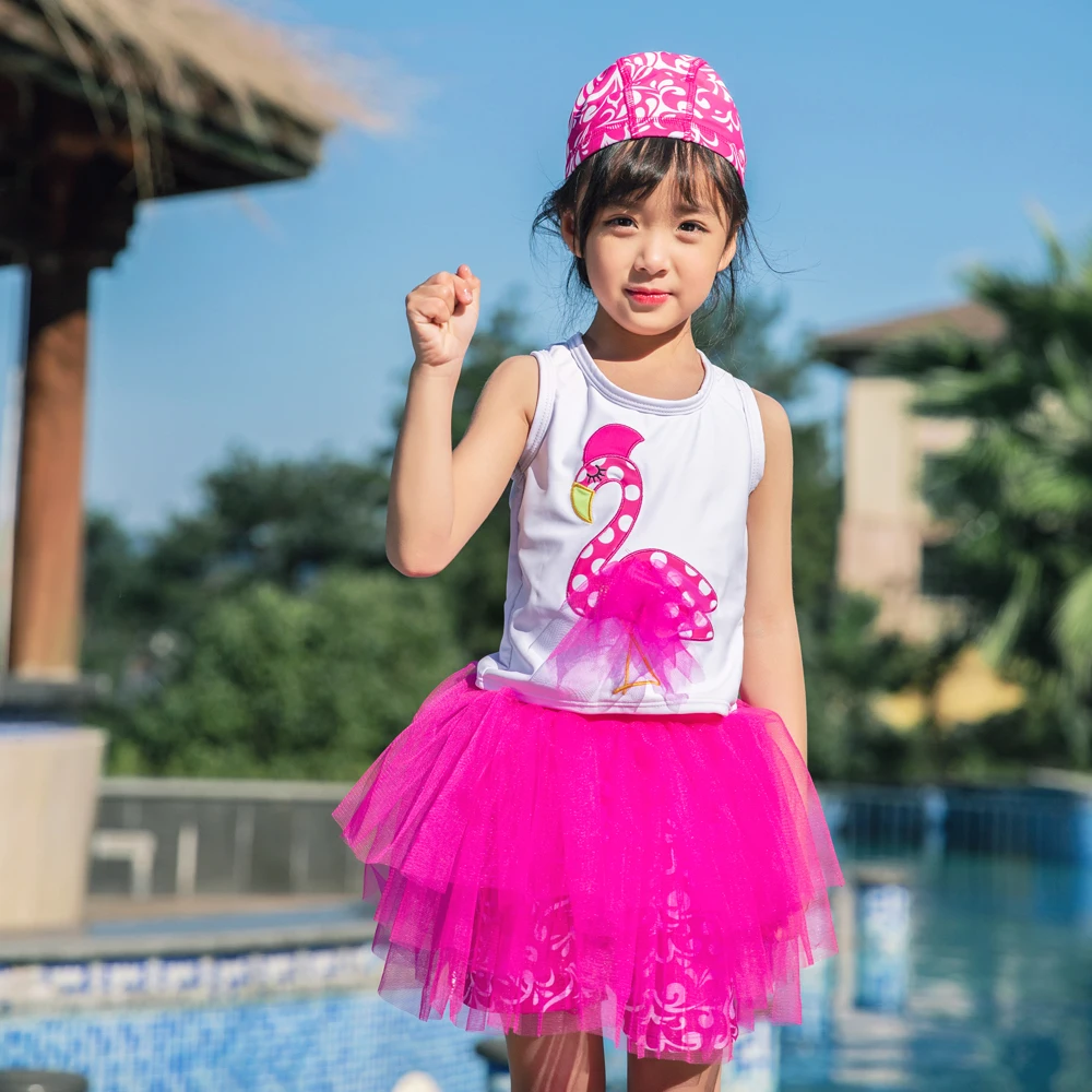 Girls Three Pieces With Swim Hat Sunscreen Mesh Swimwear Vitality Child ...