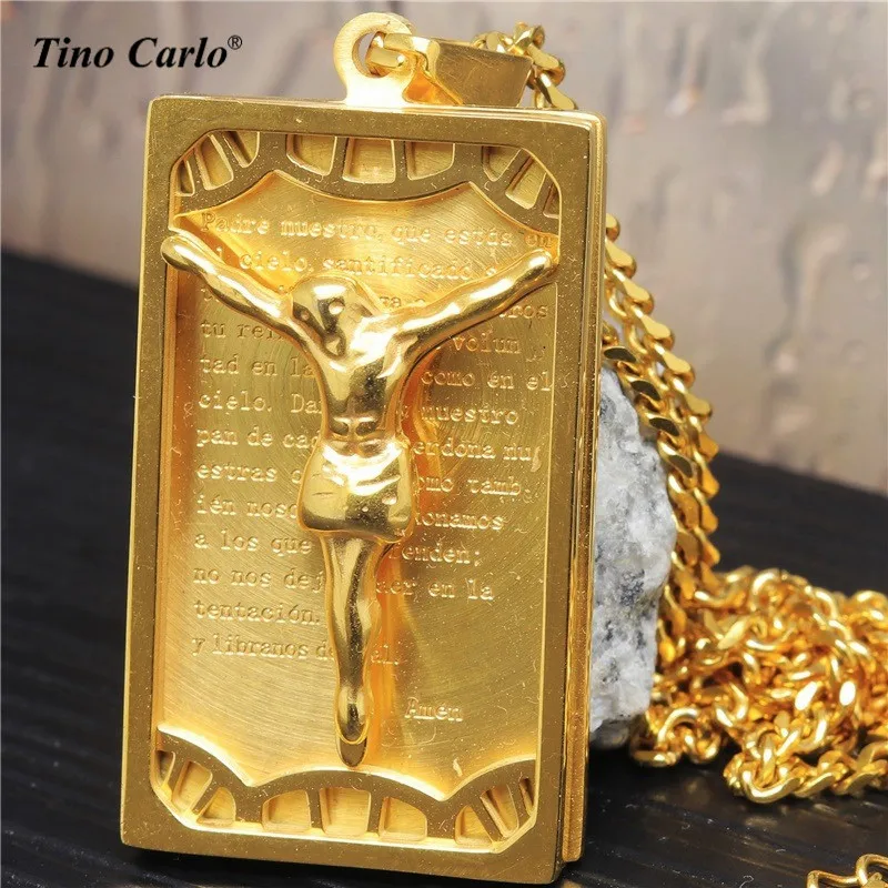 NEW Lord's Prayer Jesus Dog Tag Necklace Golden Jesus Piece Christian ...