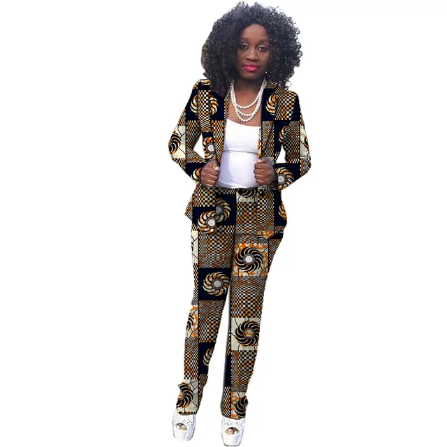 Lastest Fashion African Print Women Pant Suits Shawl Collar Blazer With