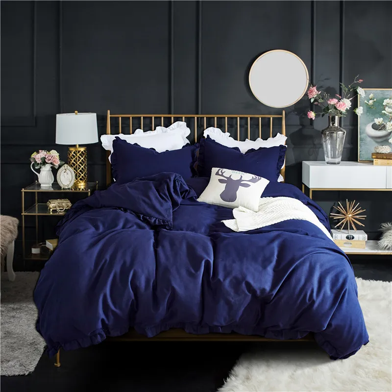 Dark Blue Solid Color Lotus Leaf Lace Bedding Sets Duvet Cover Set 3 ...