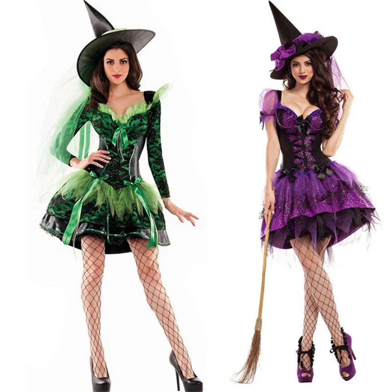 2018 New Luxurious Green And Purple Sexy Witch Costume Halloween For