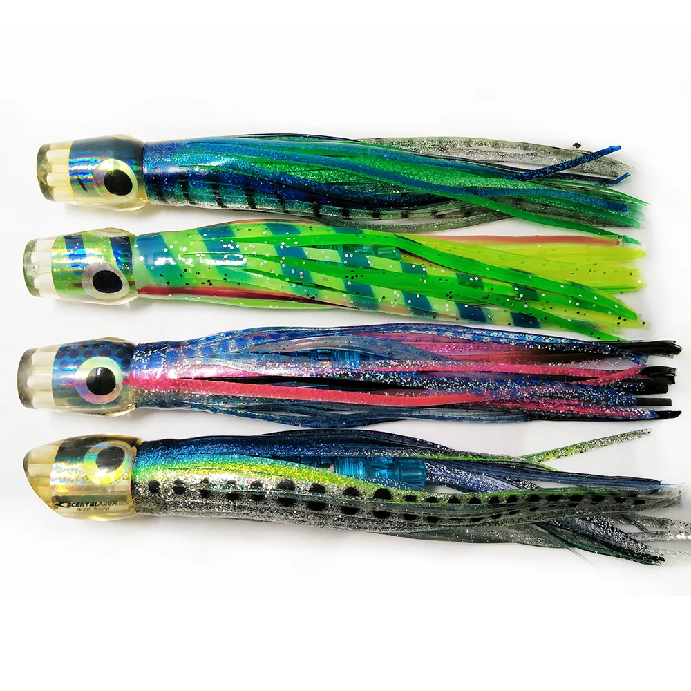 4 Pcs Pusher Style Tuna Trolling Lures With Mesh Bag Resin Head Trolling Skirts Lure Big Game