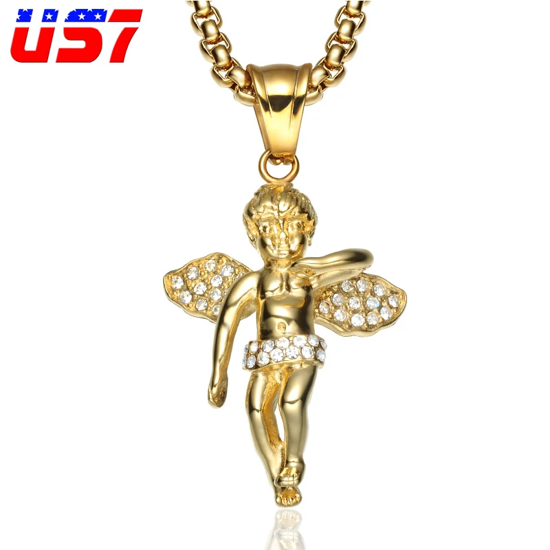 US7 Hip Hop Rhinestone Angel Jesus Stainless Steel Pendant Necklaces ...