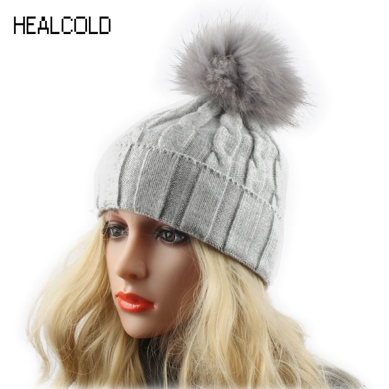 Winter Wool Hats For Women Fur Pompom Beanie Cap Ladies Knitted Real ...