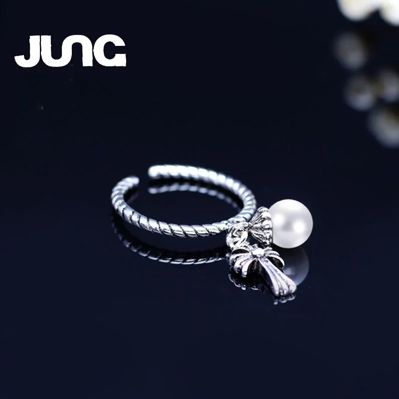 New JUNG Retro Trendy Twist Cross Pearl Adjustable Open Thai Silver Bow ...