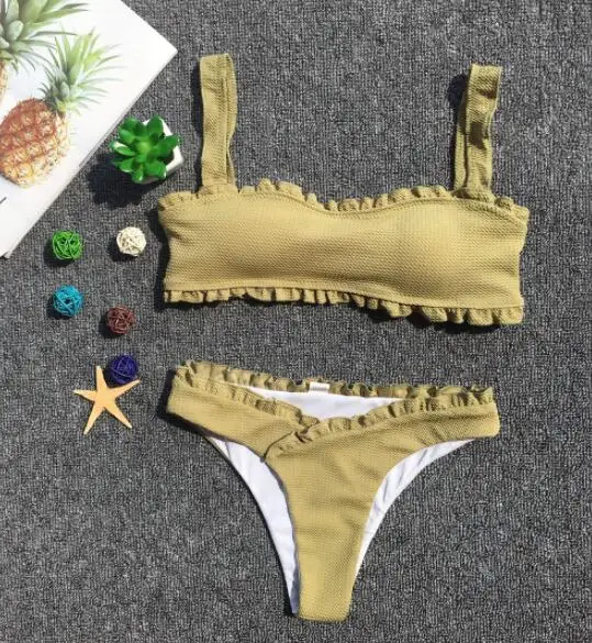 New Push Up Micro Bikini Sexy Thong Swimsuit Solid Ruffled Bikinis 2019