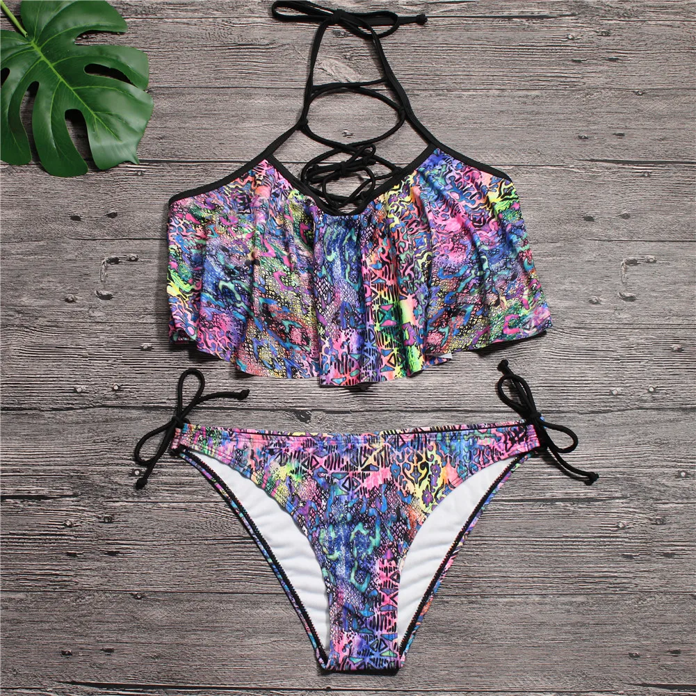 High Waist Lotus Leaf Triangle Bikini Hollowed Out Swimsuit Bathing