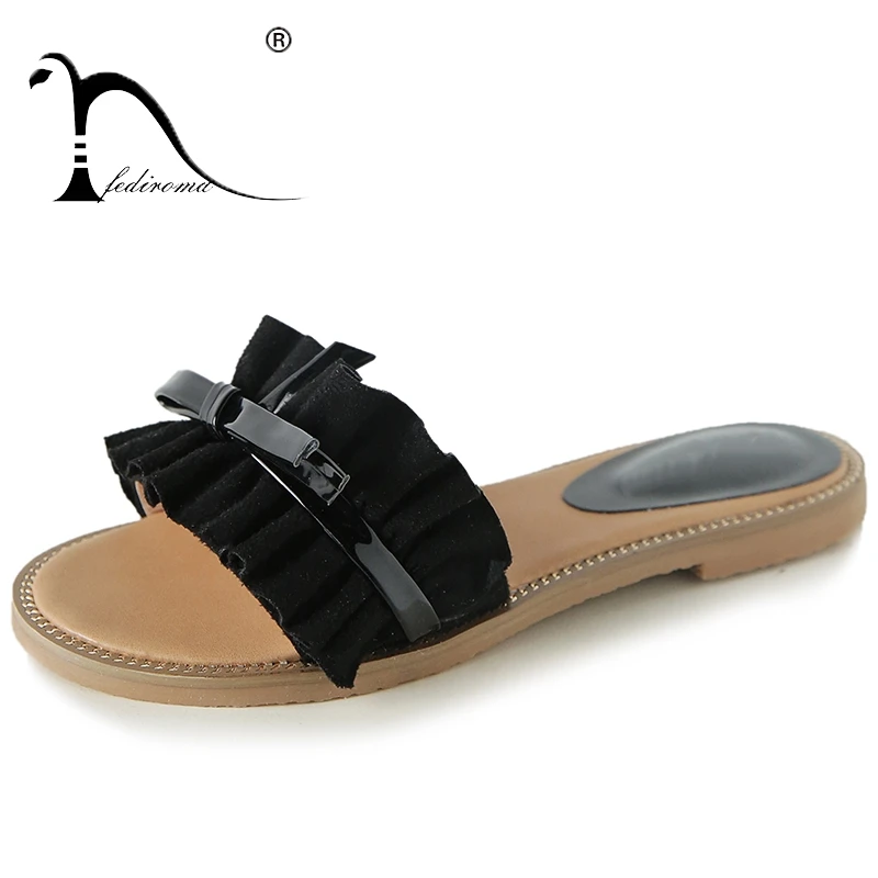 FEDIROMA Flats Women Open Toe Slides Girls Sweet Butterfly knot Beige ...