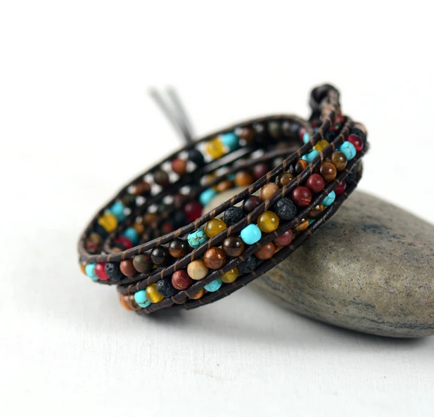 Natural Stones Vintage Lava Weaving Beaded Spiritual 5X Leather Wrap B ...
