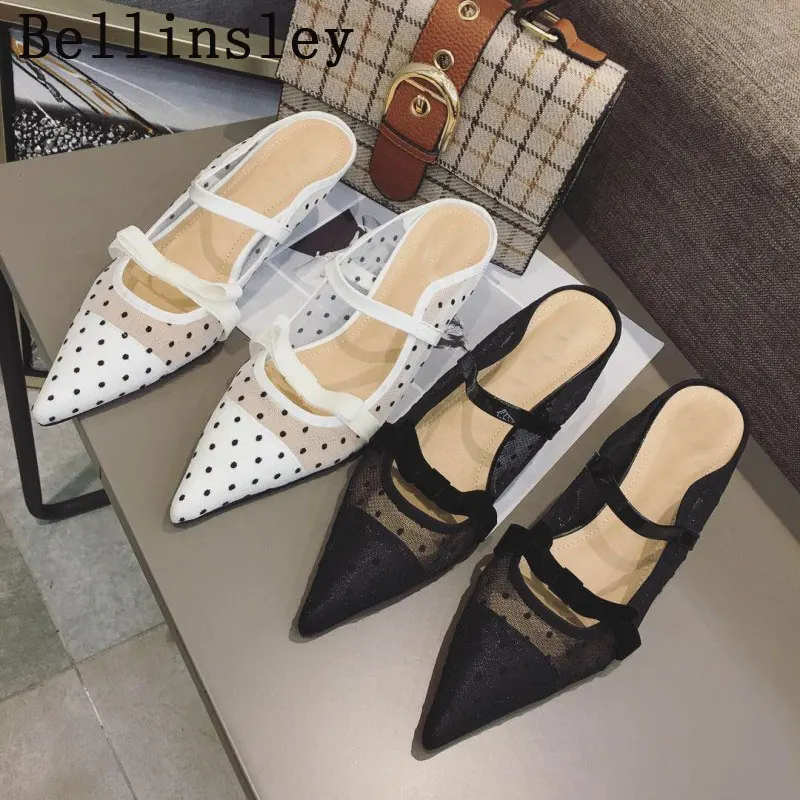 Bellinsley Polka Dot Lace Kitten Heel Women Mules Pointed Toe Butterfly knot High Heels Women ...