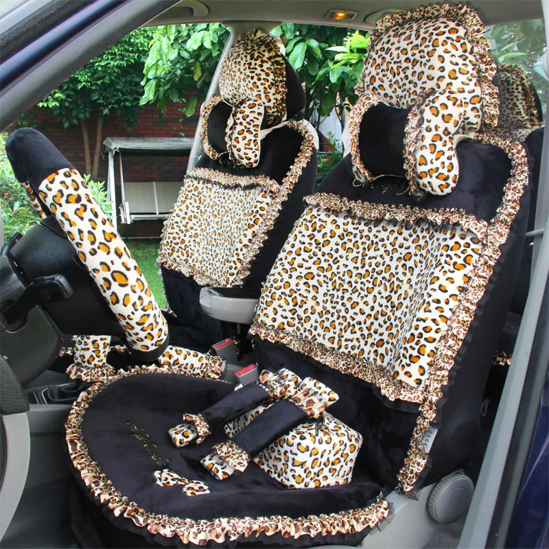 Leopard Print Lace Car Seat Covers Universal Short Plush Winter Auto ...