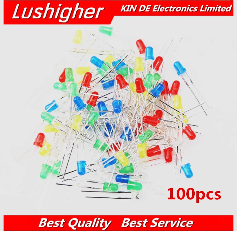100PCS 3mm LED diode Light Assorted Kit F3 White Yellow Red Green Blue ...