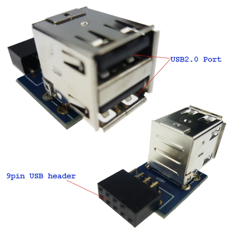 9Pin to 2 Port USB A Female Converter PCB Board Card PC Case Internal ...