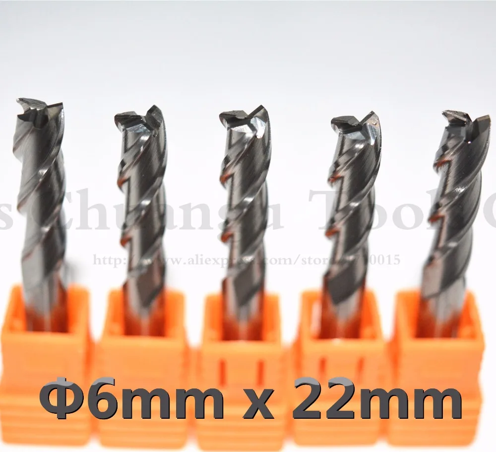 6mm X 22mm5 개 Cnc 기계 솔리드 카바이드 엔드밀 목공 인서트 밀링 커터 3 개의 플루트 엔드밀 Pvc