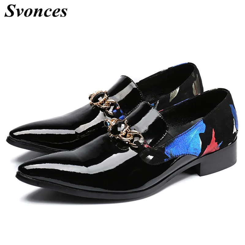 Svonces Black Patent Leather Men Dress Shoes Chains Decor Genuine ...