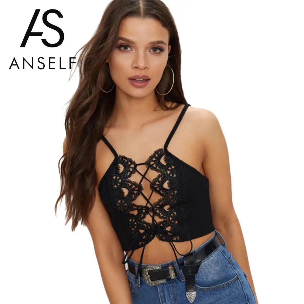 Anself Women Lace Up Front Cropped Top Feminino Crocheted Lace Hollow