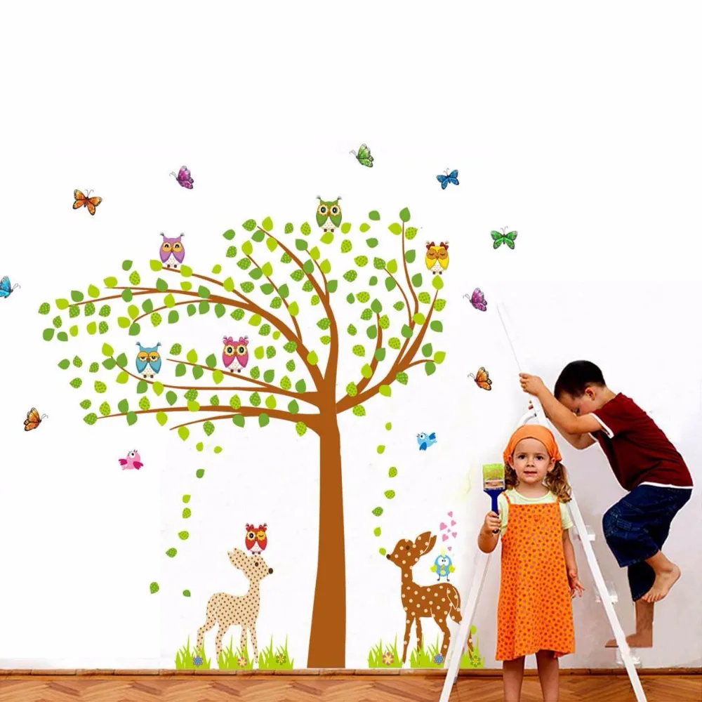 Cartoon Sika deer Owl tree wall stickers Vinyl DIY Sika deer butterfly ...