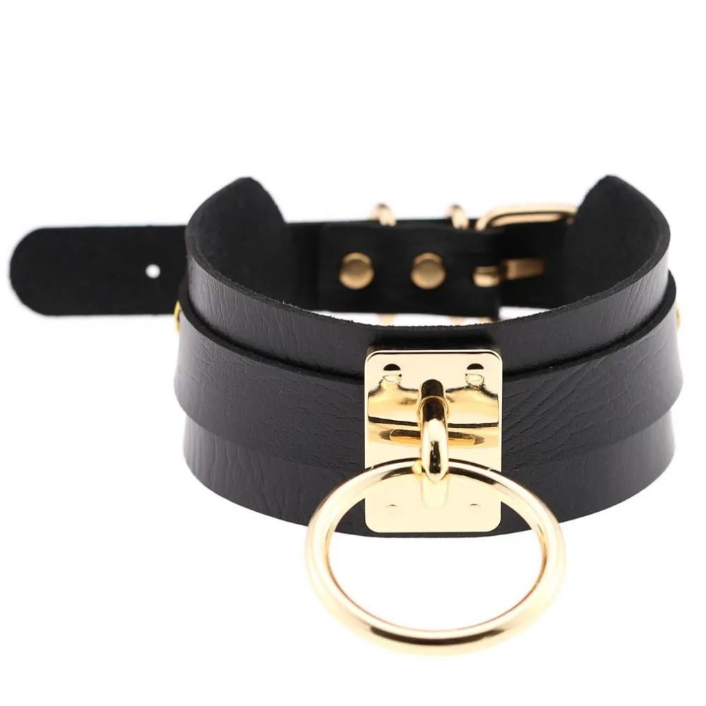 Big leather Choker women Choker collare goth chocker wide gold color ...
