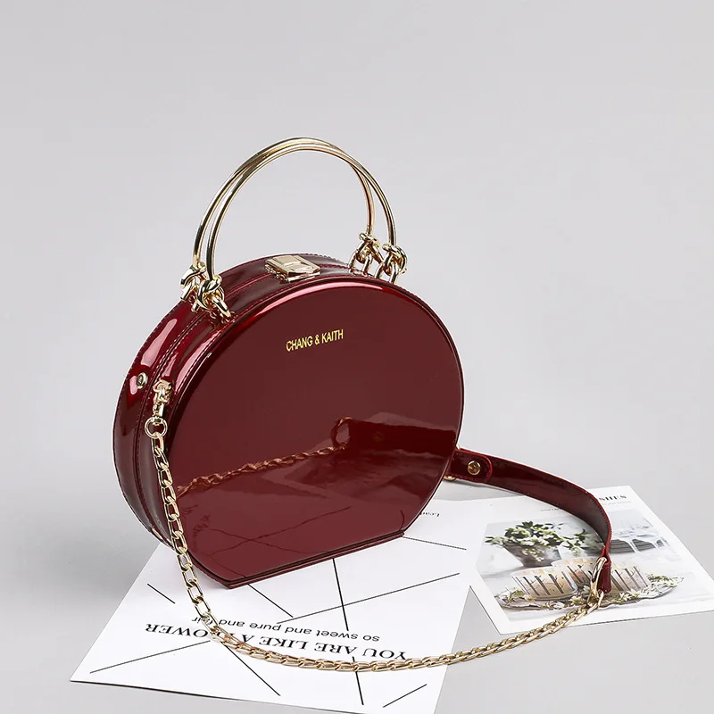 Women Round Patent Leather Messenger Bag Handbag circular tote bag ...