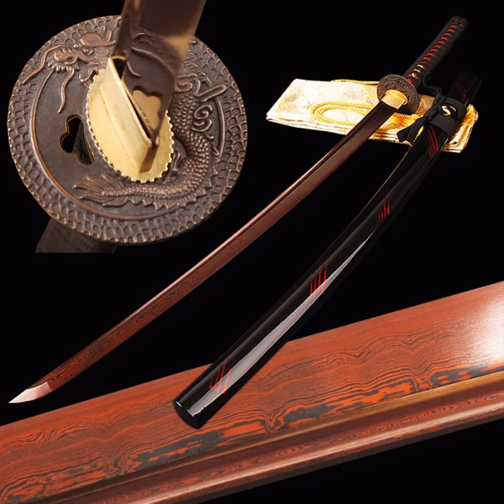 Red Japanese Samurai Katana Sword Damascus Folded Steel Blade Cutting ...