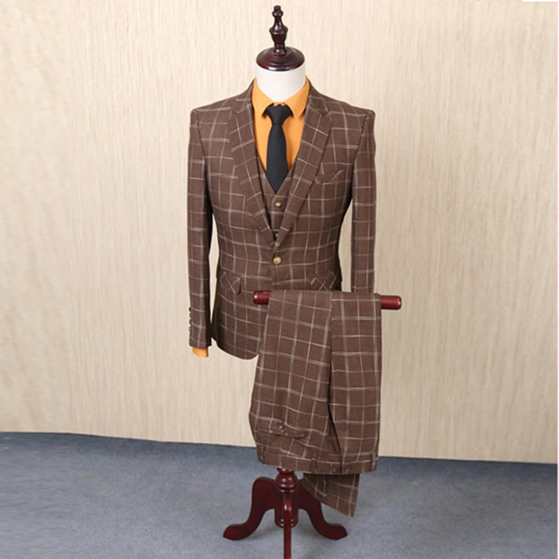 3 Pieces ternos masculino Tweed Plaid Slim Fit Tailored Bridegroom ...