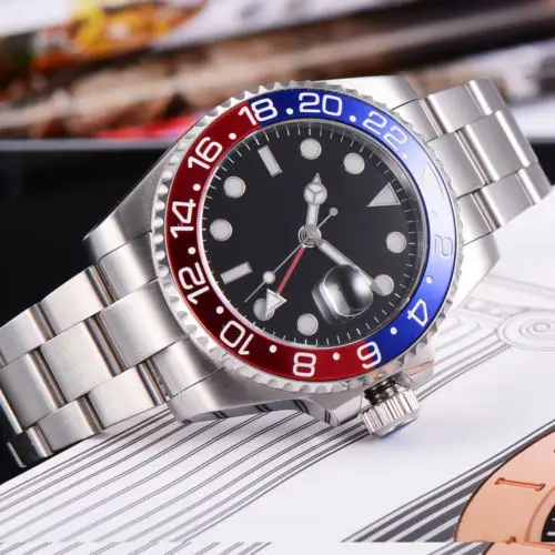 43mm mechanical GMT wristwatches Blue Red Ceramic Bezel Sapphire glass ...